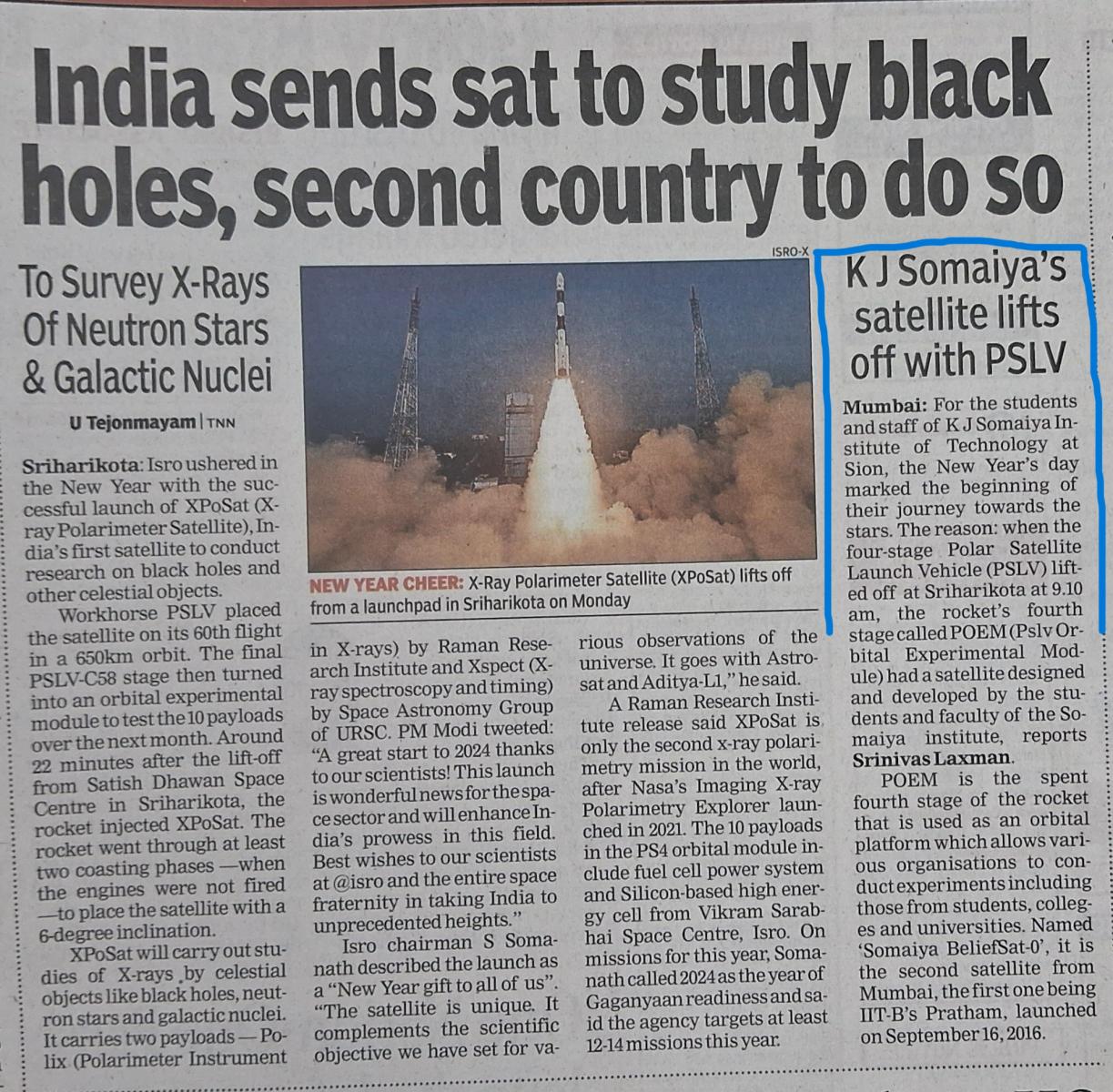 "KJSIT's New Leap Labs has successfully launched Somaiya BeliefSat-0 alongside ISRO's PSLV ...